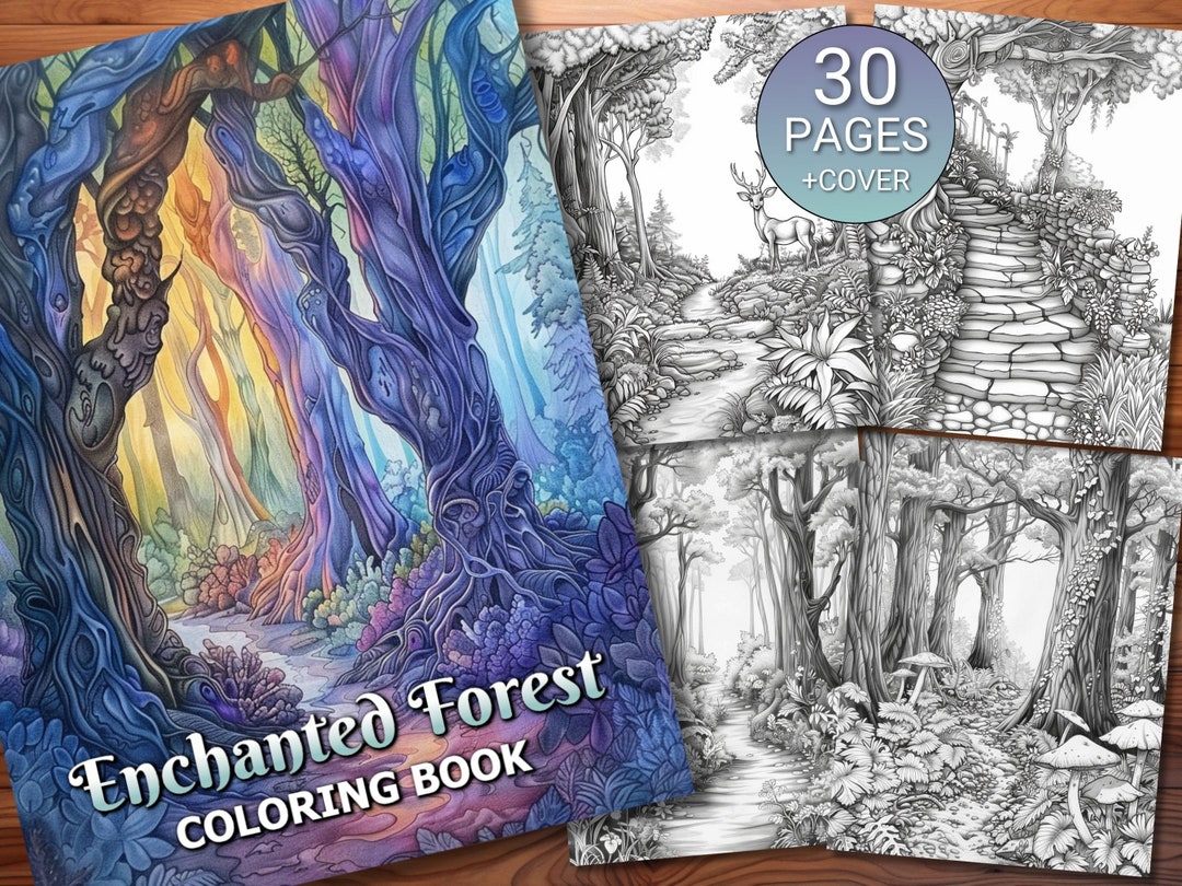 30 Enchanted Forest Coloring Page Book - Adults + Kids - Instant ...