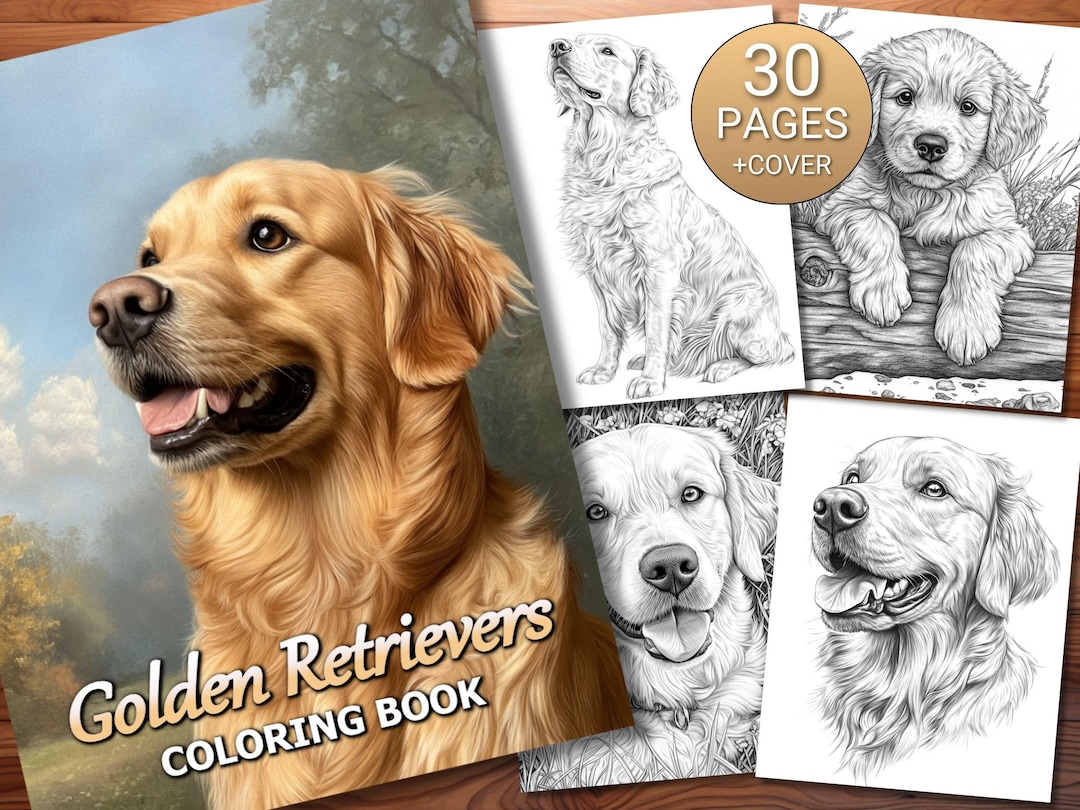 30 Golden Retrievers Coloring Page Book - Adults + Kids - Instant ...