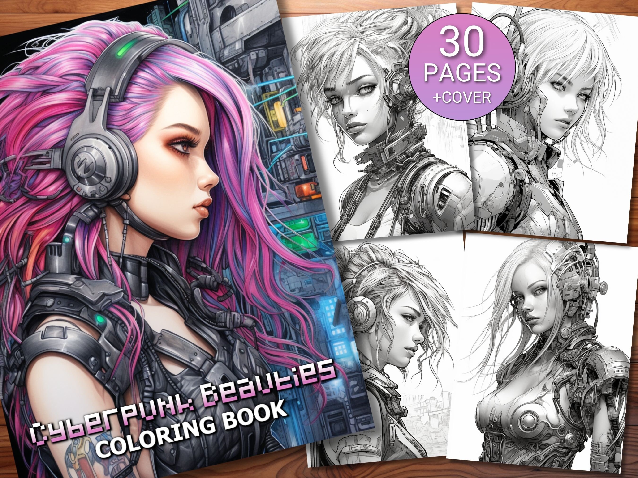 30 Cyberpunk Beauties Coloring Page Book Adults Kids Instant Download ...