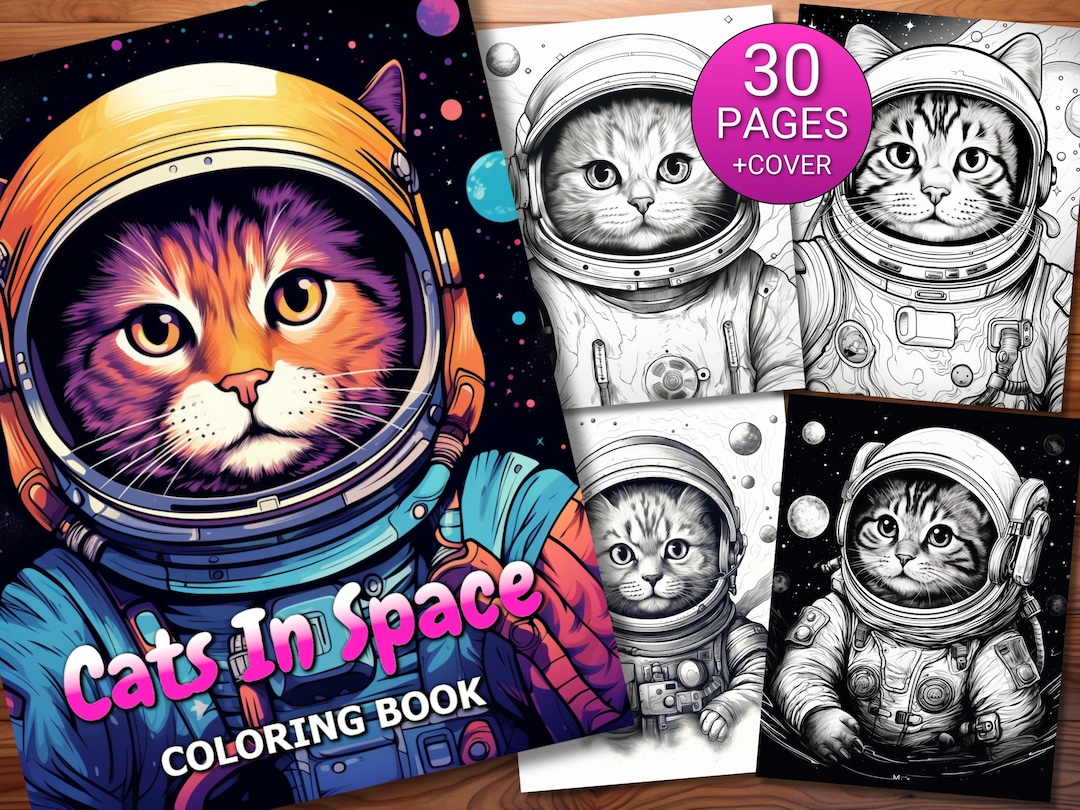 30 Cats in Space Coloring Page Book - Adults + Kids - Instant Download ...