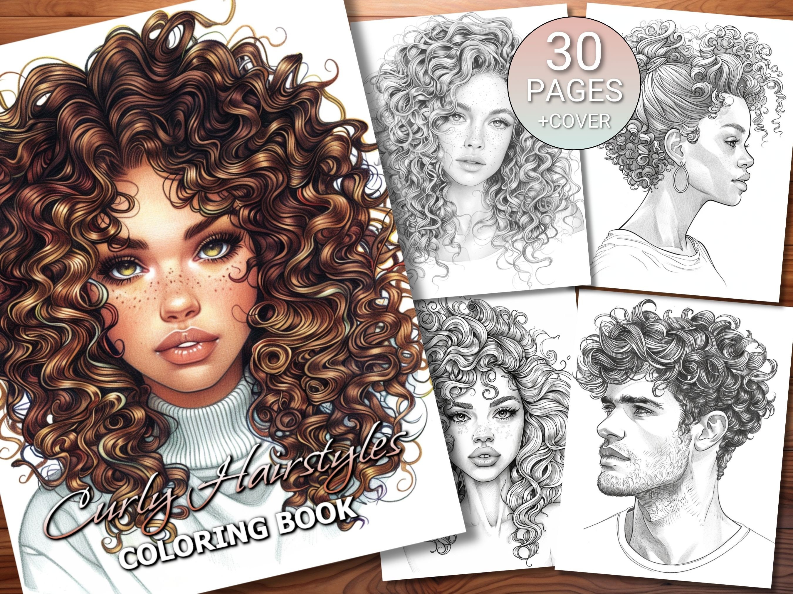30 Curly Hairstyles Coloring Page Book Adults Kids Instant Download ...