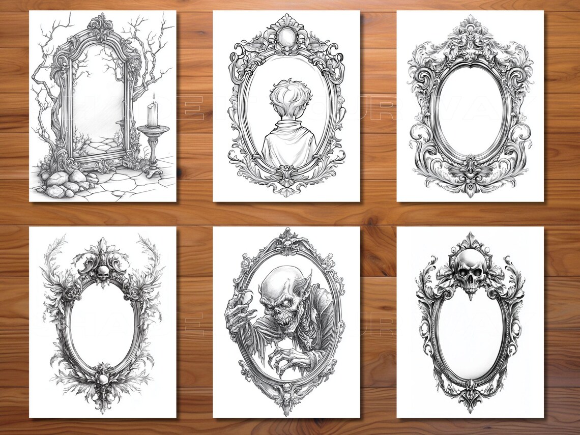 30 Haunted Mirrors Coloring Page Book - Adults + Kids - Instant ...