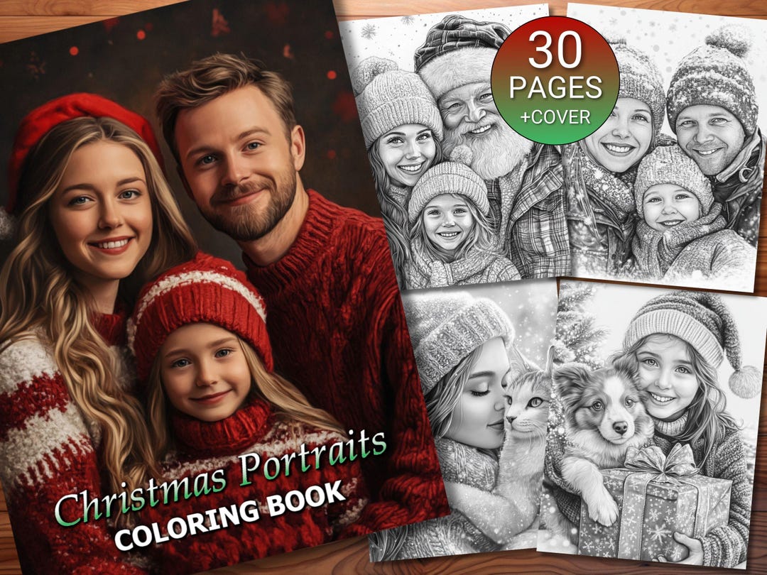 30 Christmas Portraits Coloring Page Book - Adults + Kids - Instant ...