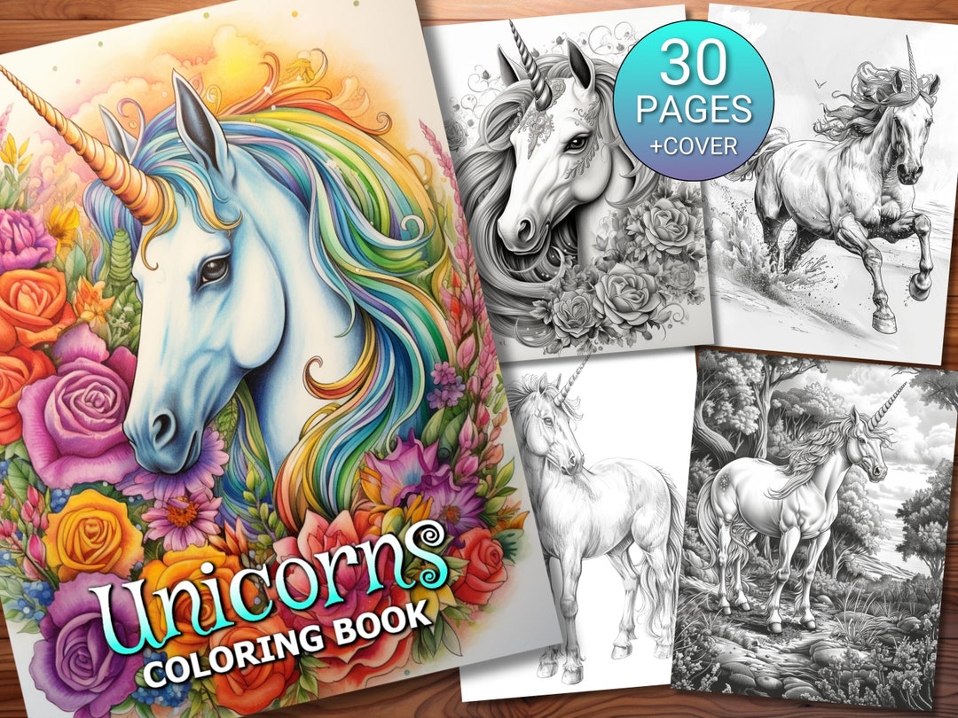 30 Unicorns Coloring Page Book - Adults + Kids - Instant Download ...