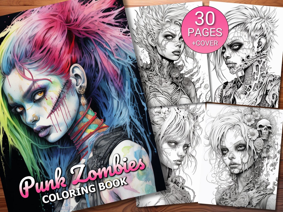 30 Punk Zombies Coloring Page Book - Adults + Kids - Instant Download ...