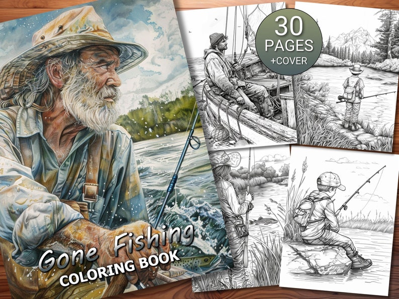 30 Gone Fishing Coloring Page Book - Adults + Kids - Instant Download ...