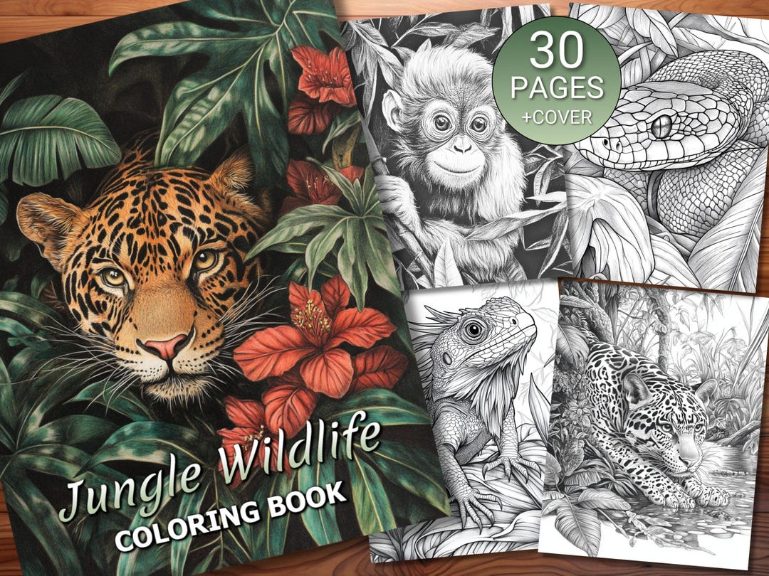 30 Jungle Wildlife Coloring Page Book - Adults + Kids - Instant ...