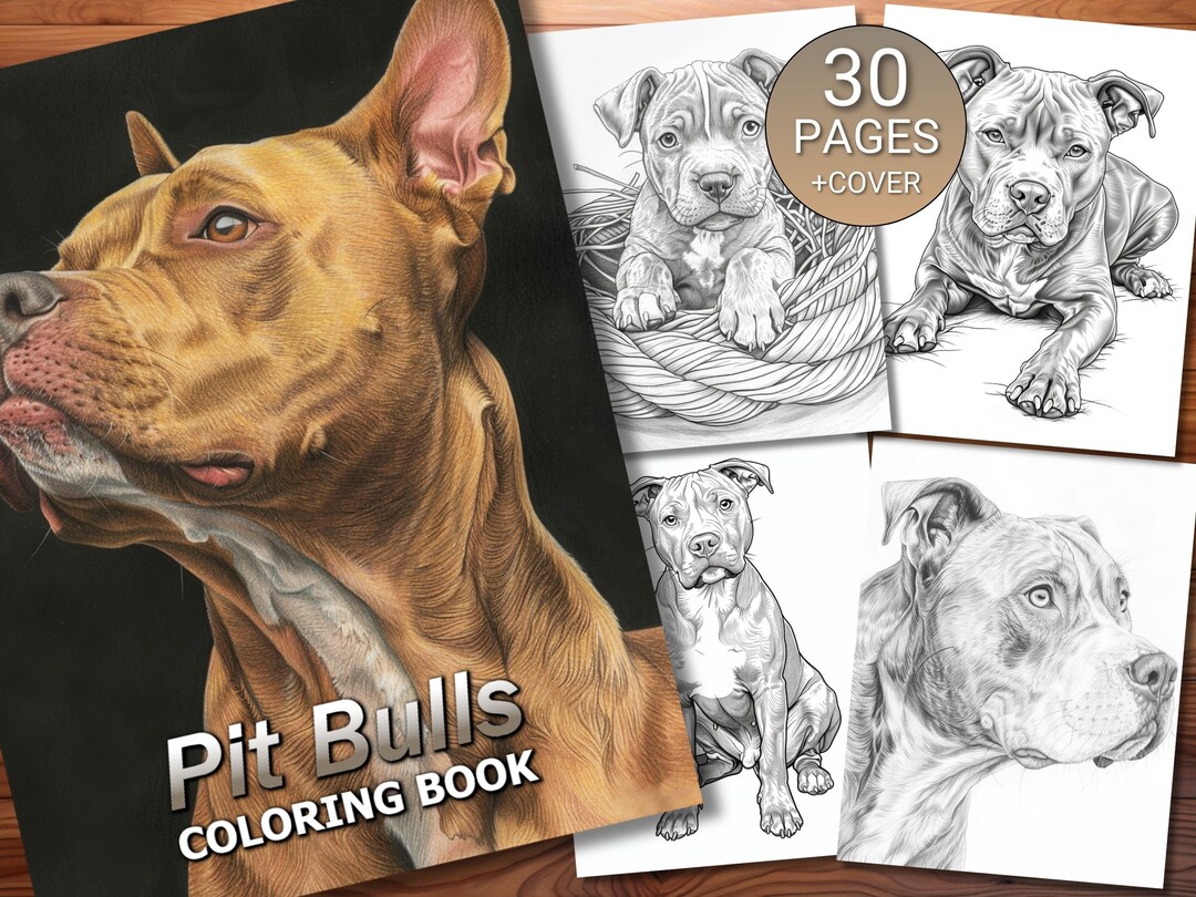 30 Pit Bulls Coloring Page Book - Adults + Kids - Instant Download ...