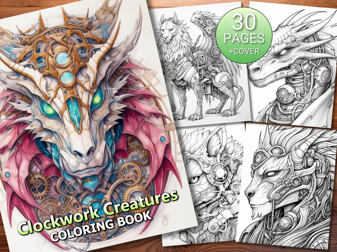 30 Clockwork Creatures Coloring Page Book - Adults + Kids - Instant ...