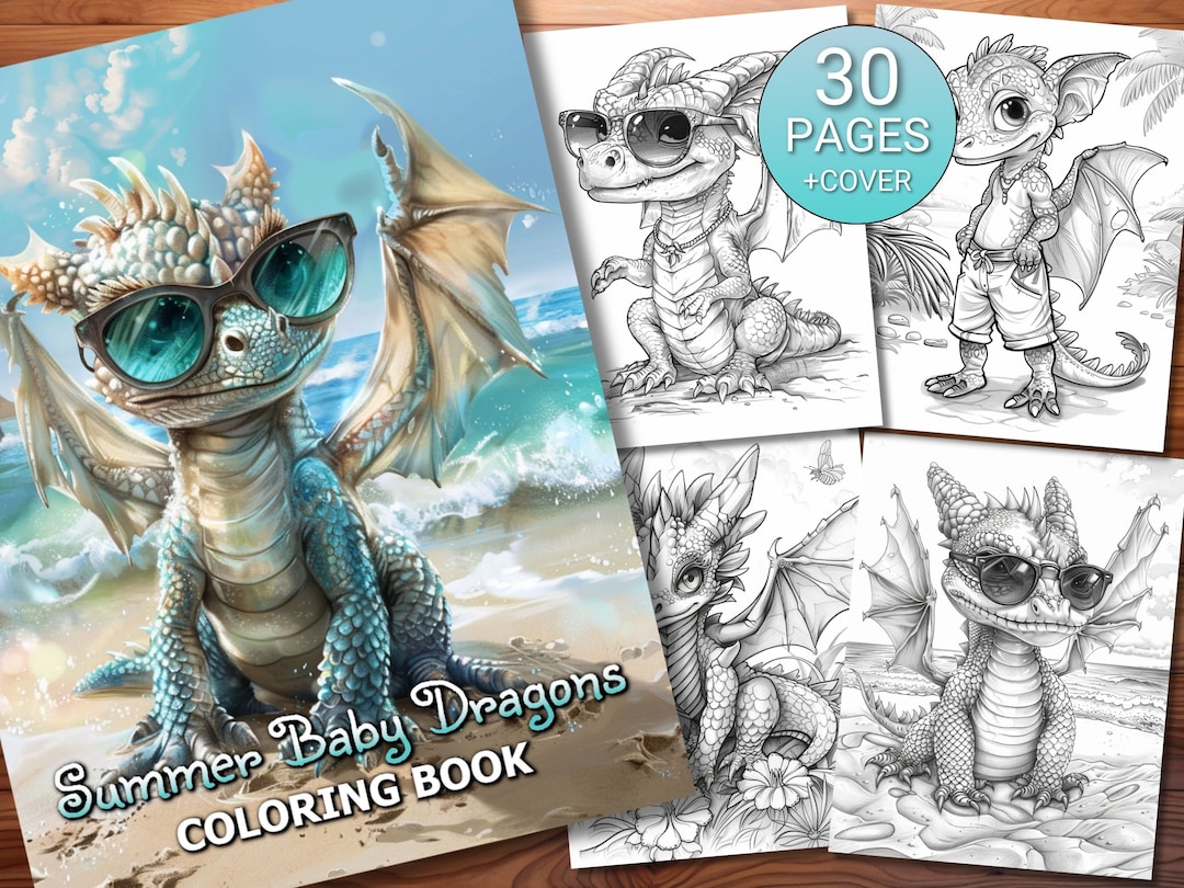 30 Summer Baby Dragons Coloring Page Book - Adults + Kids - Instant ...