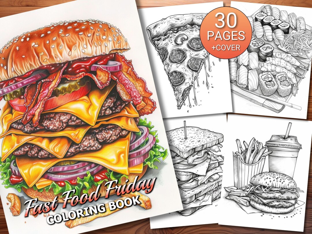30 Fast Food Friday Coloring Page Book - Adults + Kids - Instant ...