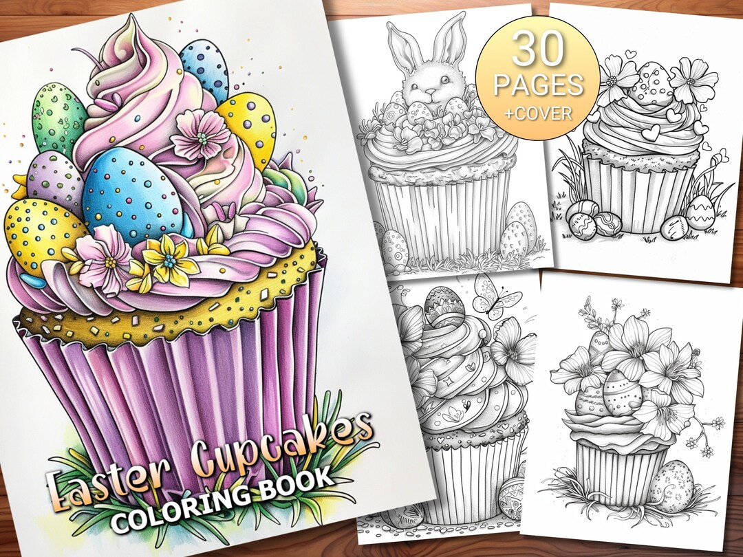 30 Easter Cupcakes Coloring Page Book - Adults + Kids - Instant ...
