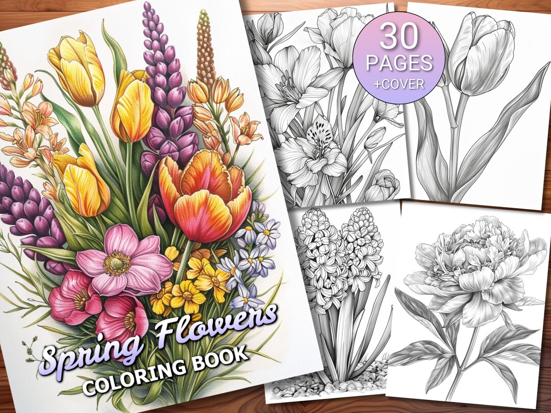 30 Spring Flowers Coloring Page Book - Adults + Kids - Instant Download ...
