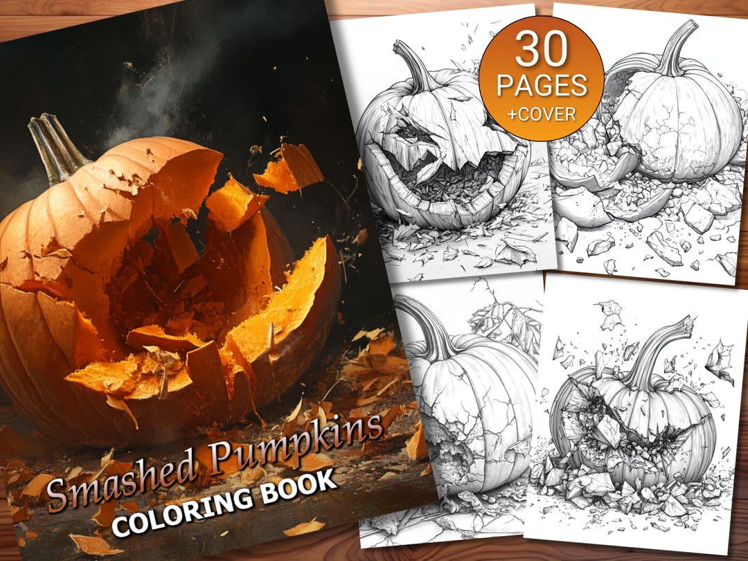30 Smashed Pumpkins Coloring Page Book - Adults + Kids - Instant ...