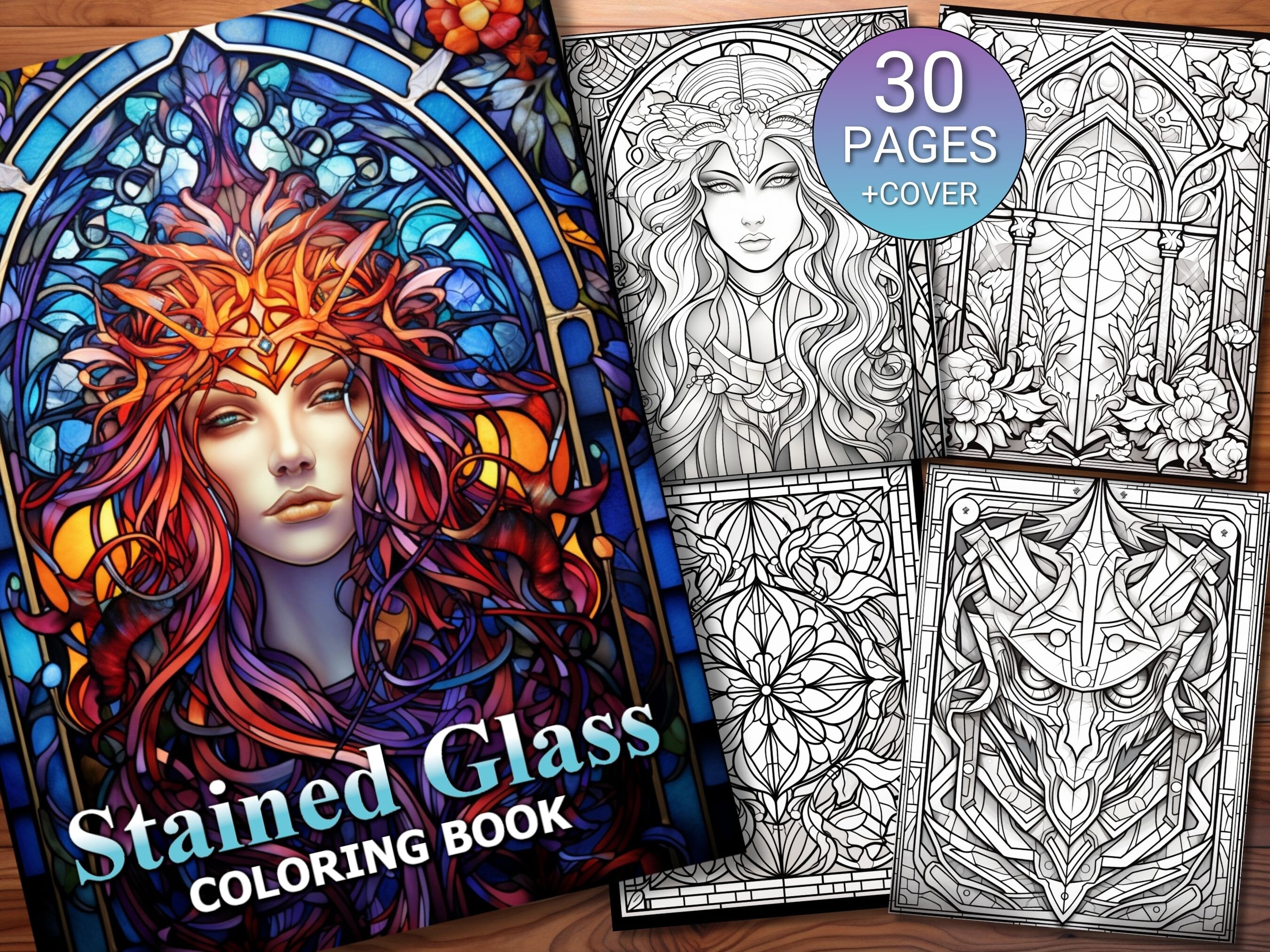 30 Stained Glass Coloring Page Book Adults Kids Instant - Etsy