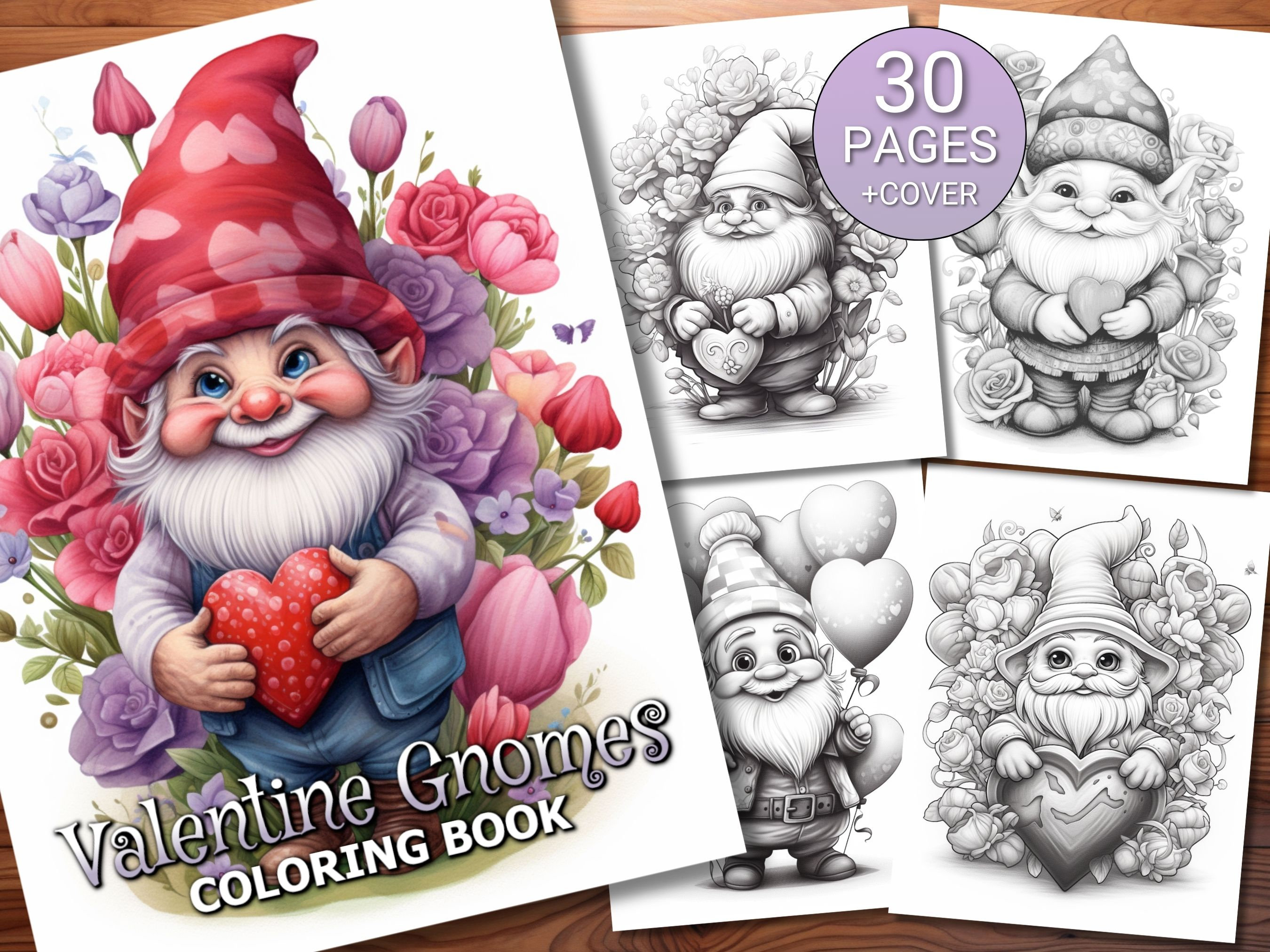 30 Valentine Gnomes Coloring Page Book - Adults + Kids - Instant ...