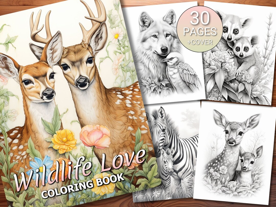 30 Wildlife Love Coloring Page Book - Adults + Kids - Instant Download ...
