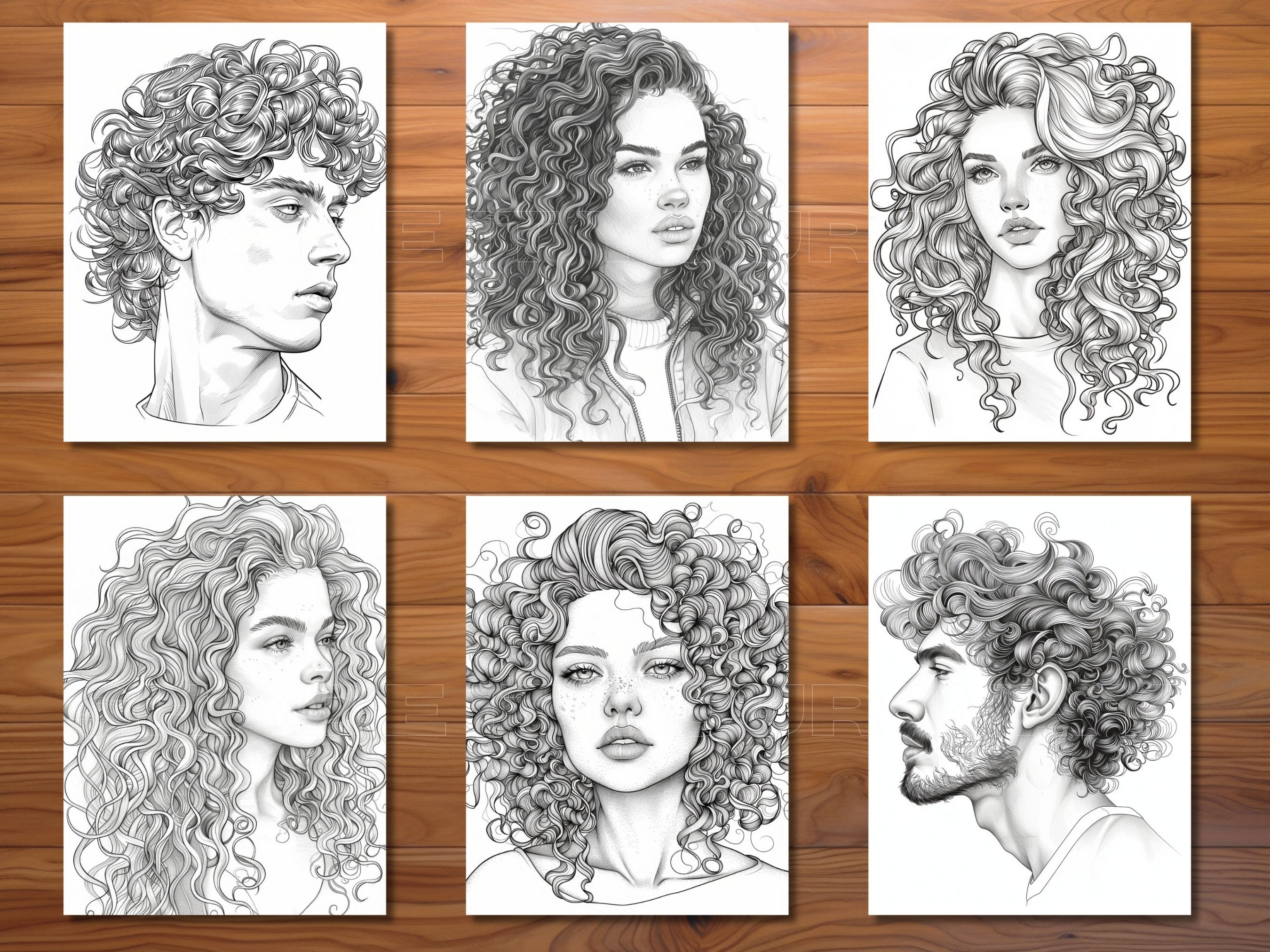 30 Curly Hairstyles Coloring Page Book Adults Kids Instant Download ...