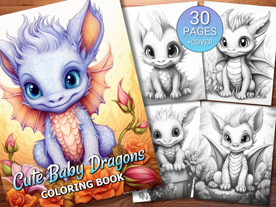 30 Cute Baby Dragons Coloring Page Book - Adults + Kids - Instant ...