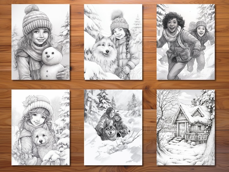 30 Snow Day Coloring Page Book Adults Kids Instant Download Grayscale ...