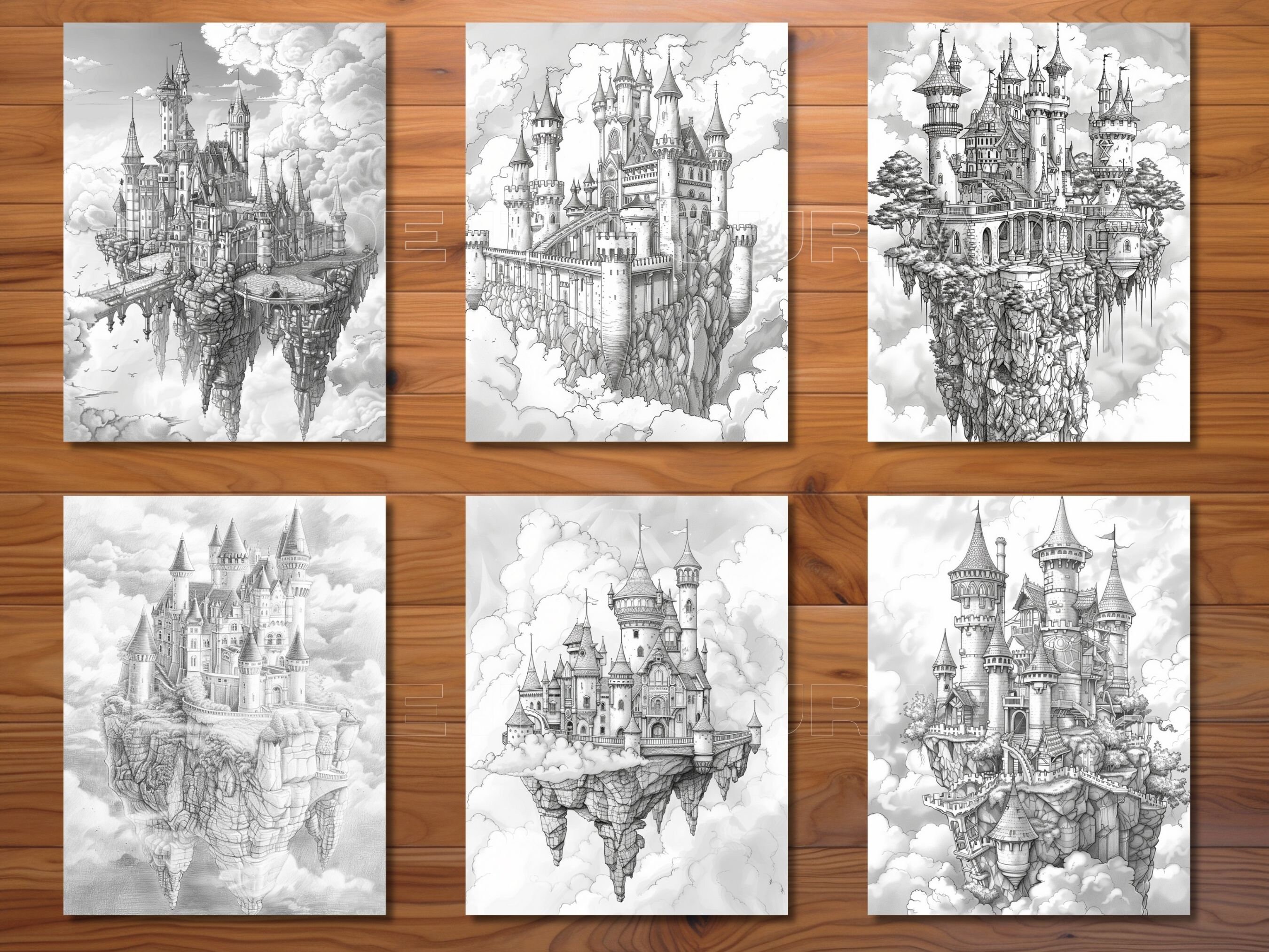 30 Sky Castles Coloring Page Book Adults Kids Instant Download Grayscale Coloring Page Printable ...