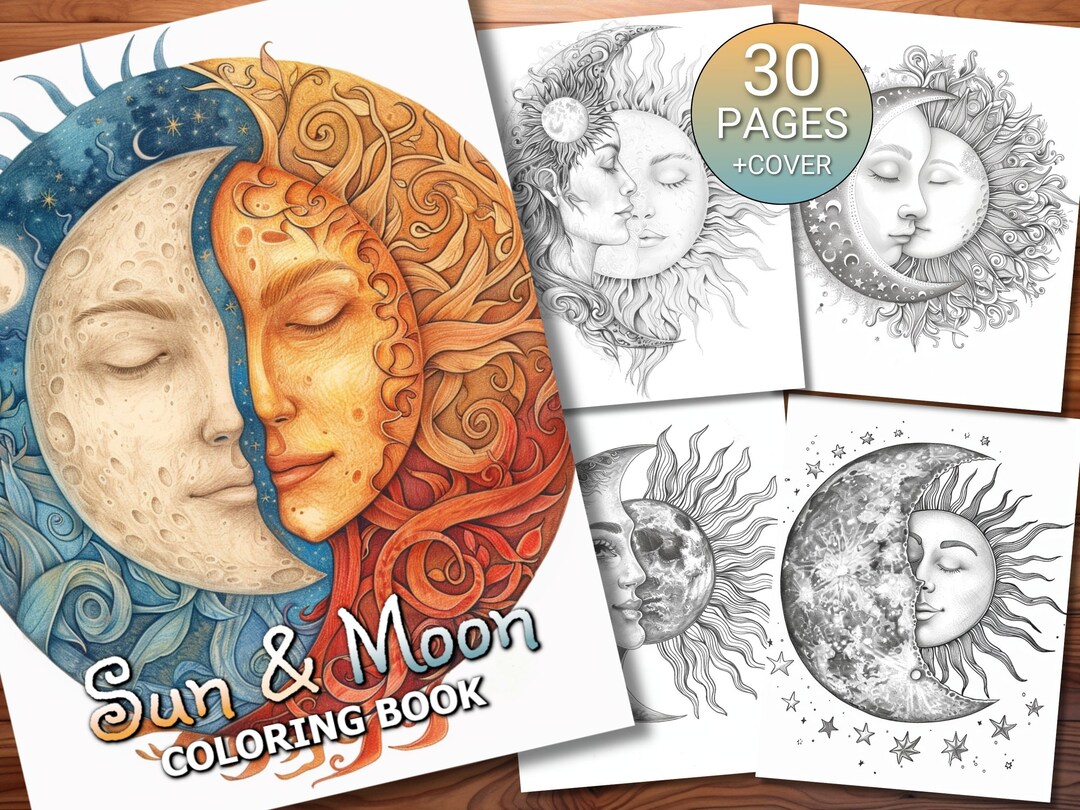 30 Sun & Moon Coloring Page Book - Adults + Kids - Instant Download ...