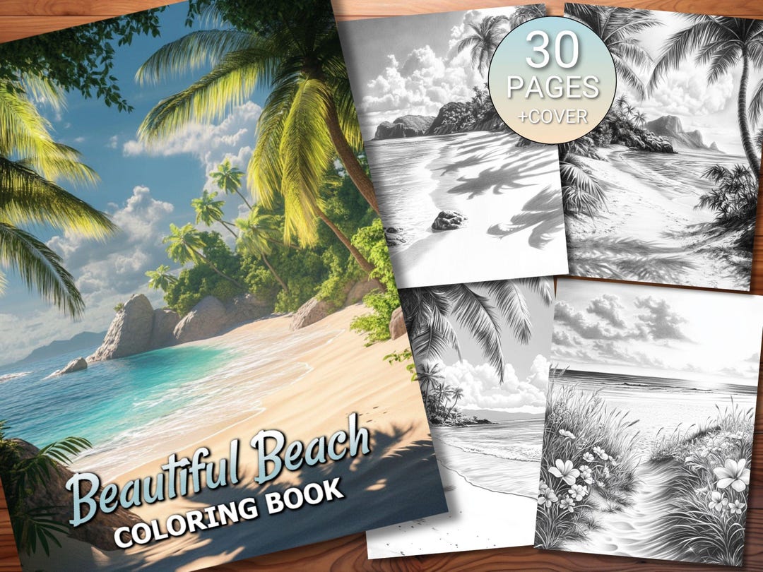 30 Beautiful Beach Coloring Page Book - Adults + Kids - Instant ...