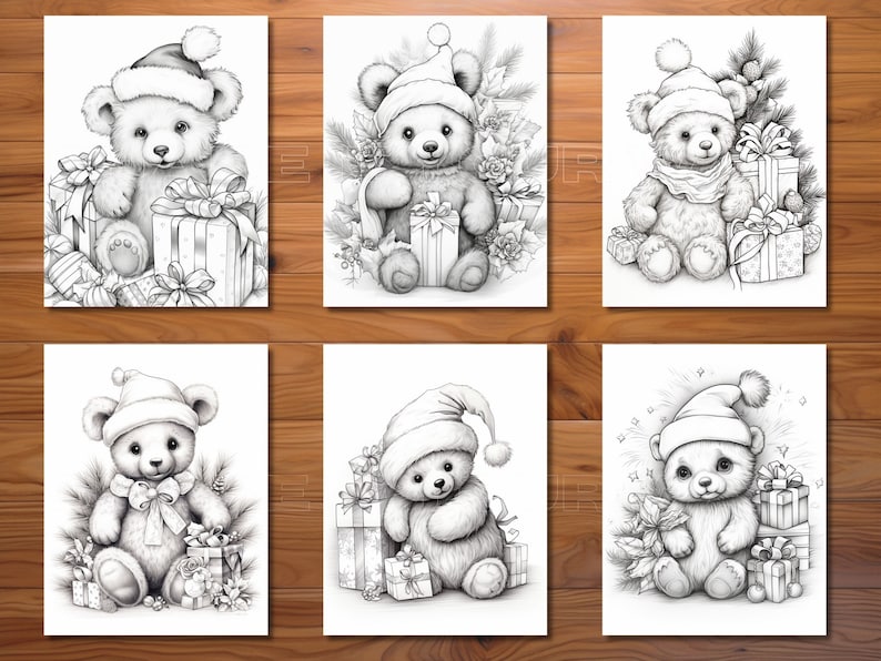 30 Christmas Teddy Bears Coloring Page Book Adults Kids Instant ...