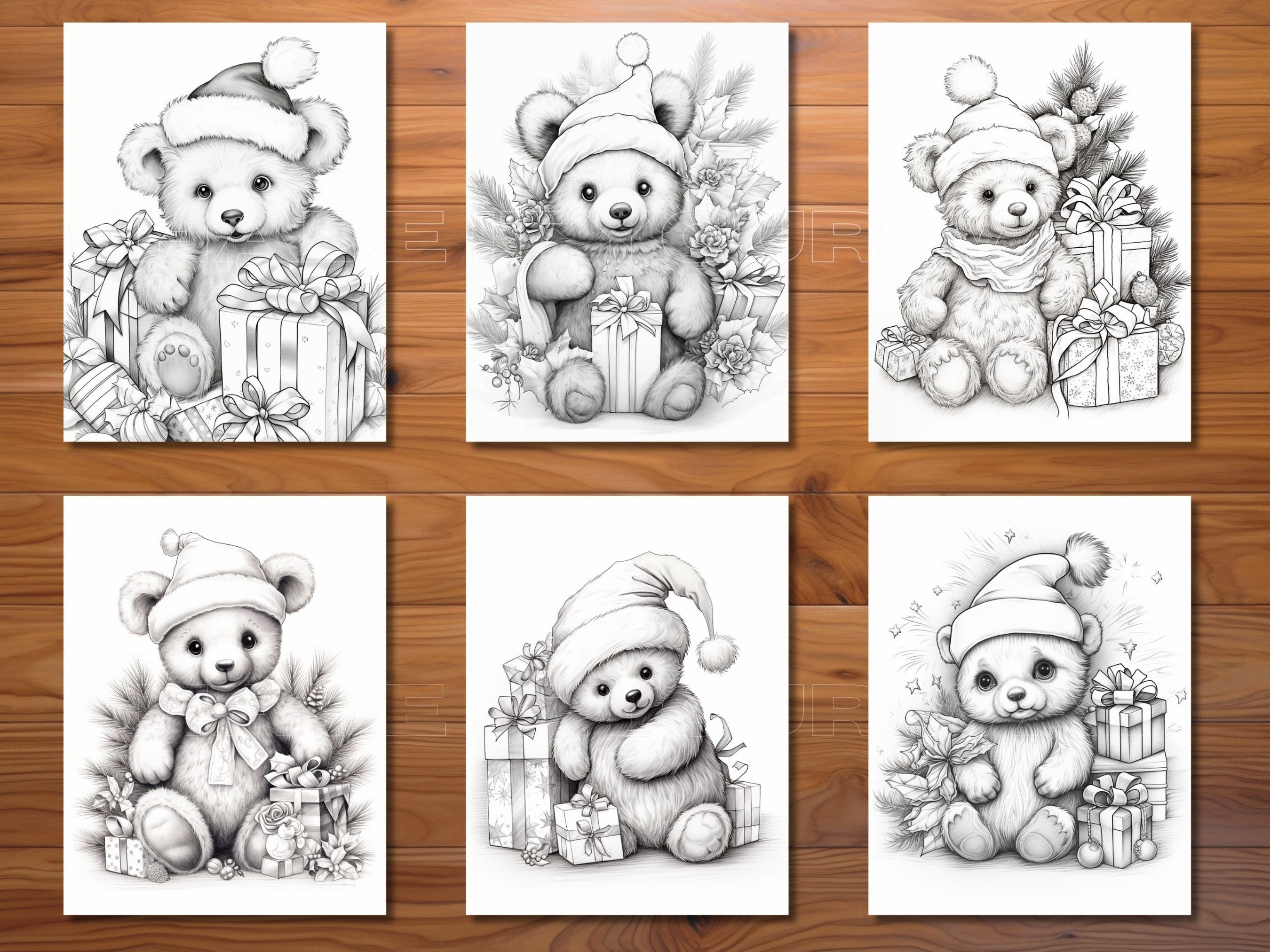 30 Christmas Teddy Bears Coloring Page Book Adults Kids Instant ...