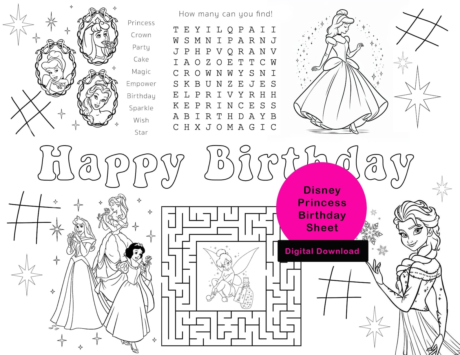 Princess Birthday Coloring Sheet, Princess Activity Sheet, Printable ...