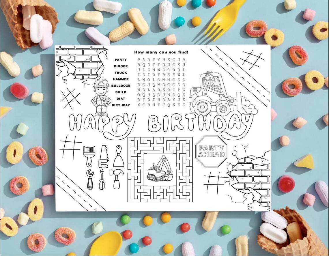 Construction Birthday Coloring Sheet, Digger Activity Sheet, Printable ...