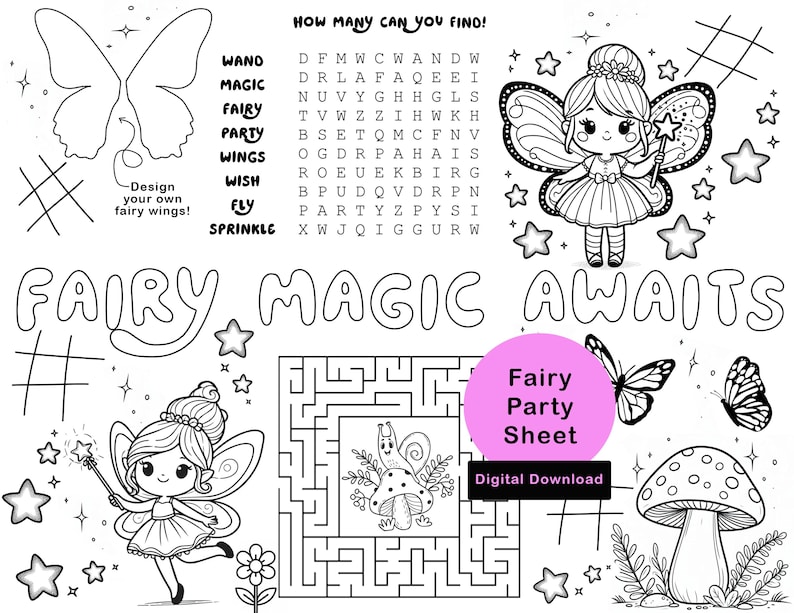 Fairy Birthday Activity Sheet, Coloring Placemat (digital Download) - Etsy
