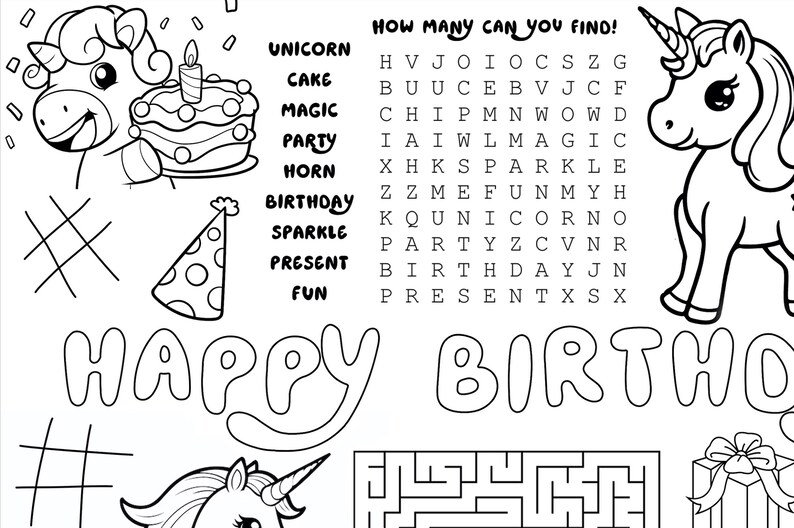 Unicorn Birthday Coloring Sheet, Unicorn Activity Sheet, Printable ...