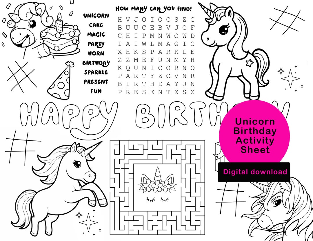 Unicorn Birthday Coloring Sheet, Unicorn Activity Sheet, Printable ...