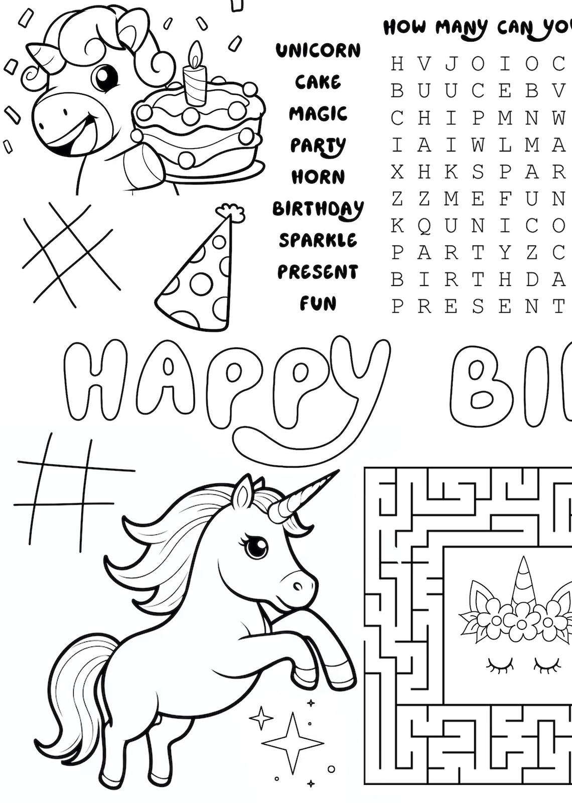 Unicorn Birthday Coloring Sheet, Unicorn Activity Sheet, Printable ...