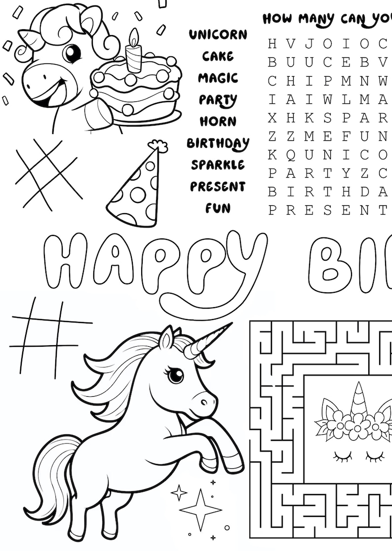 Unicorn Birthday Coloring Sheet, Unicorn Activity Sheet, Printable ...