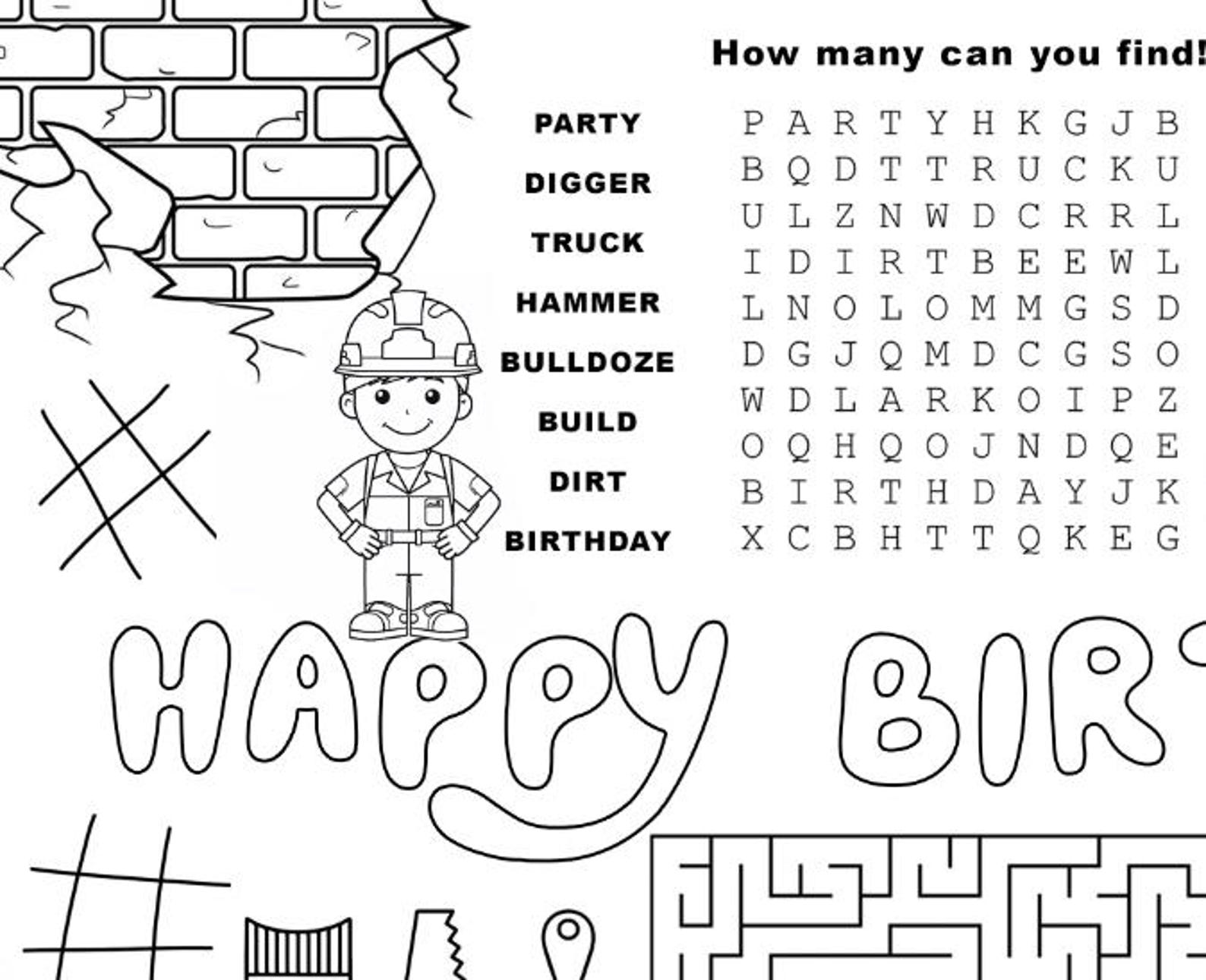 Construction Birthday Coloring Sheet, Digger Activity Sheet, Printable ...