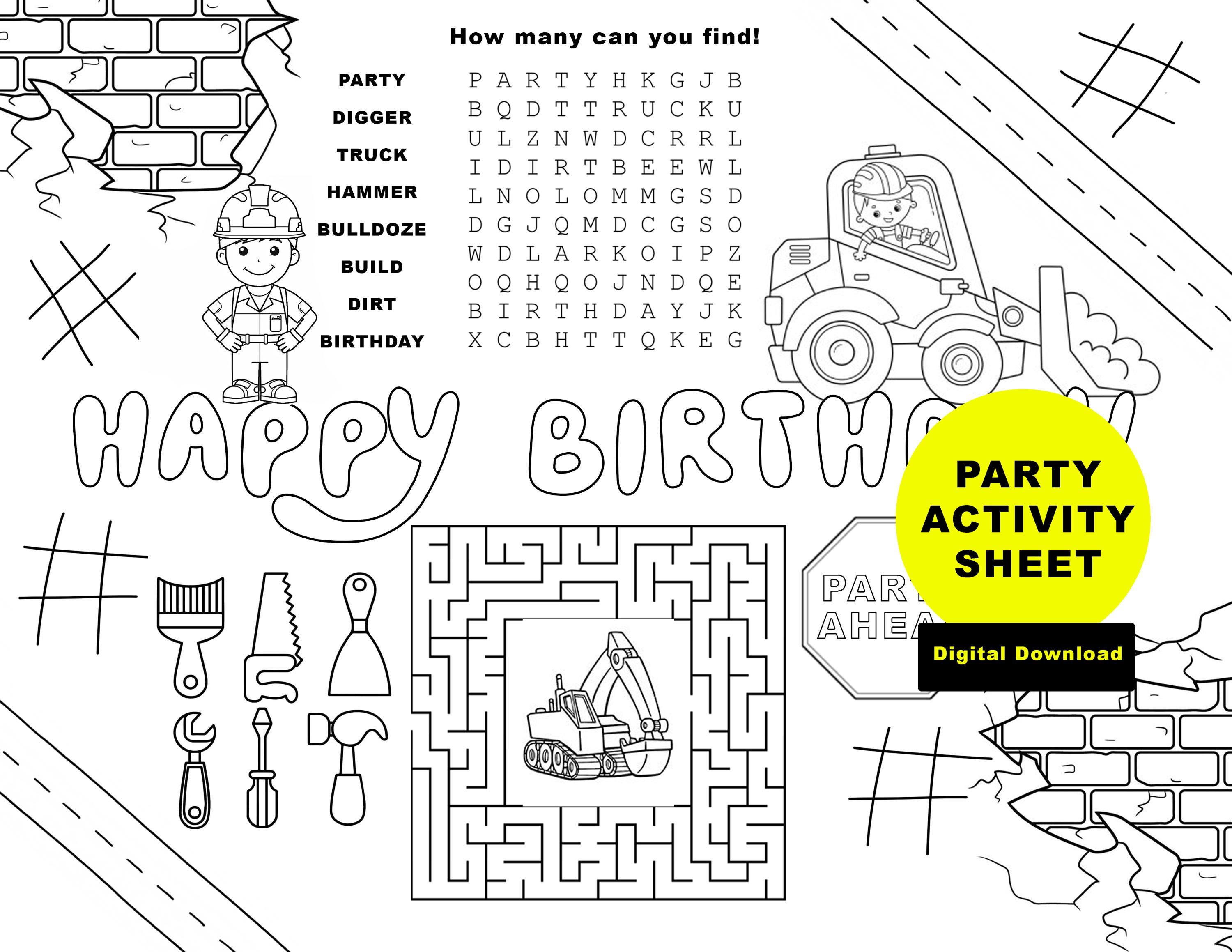 Construction Birthday Coloring Sheet, Digger Activity Sheet, Printable ...