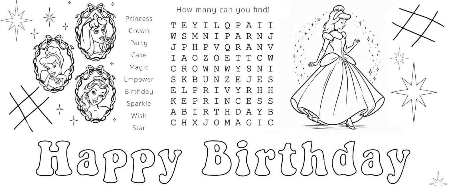 Princess Birthday Coloring Sheet, Princess Activity Sheet, Printable ...