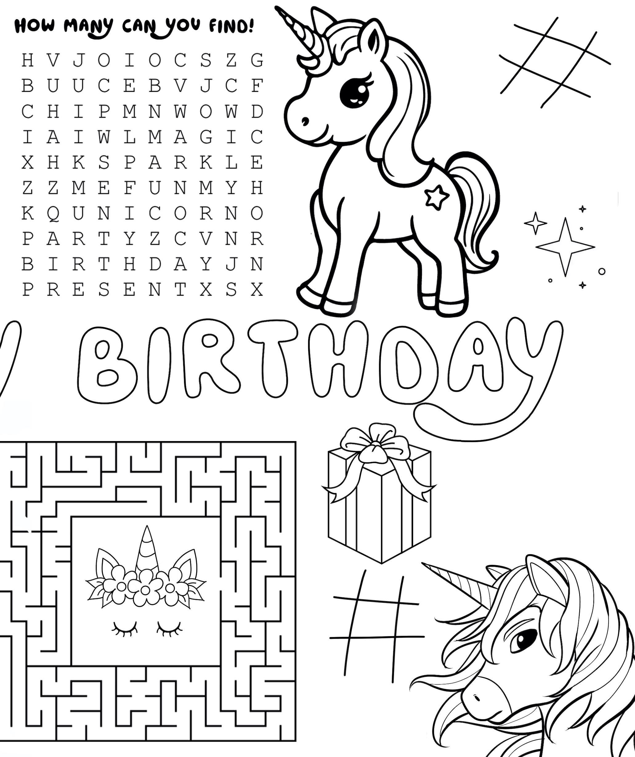 Unicorn Birthday Coloring Sheet, Unicorn Activity Sheet, Printable ...