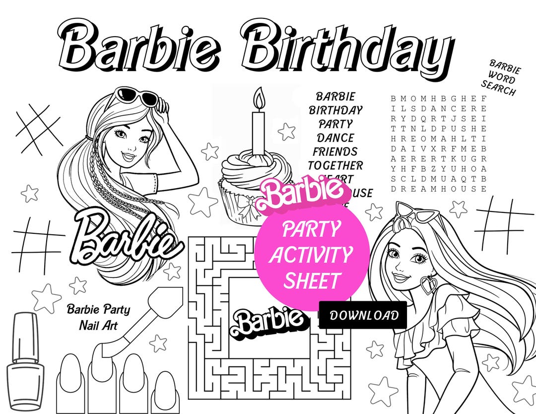 Barbie Birthday Coloring Sheet, Barbie Activity Sheet, Printable Barbie ...