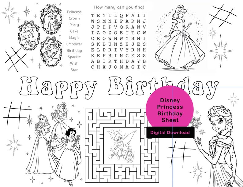 Princess Birthday Coloring Sheet, Princess Activity Sheet, Printable ...
