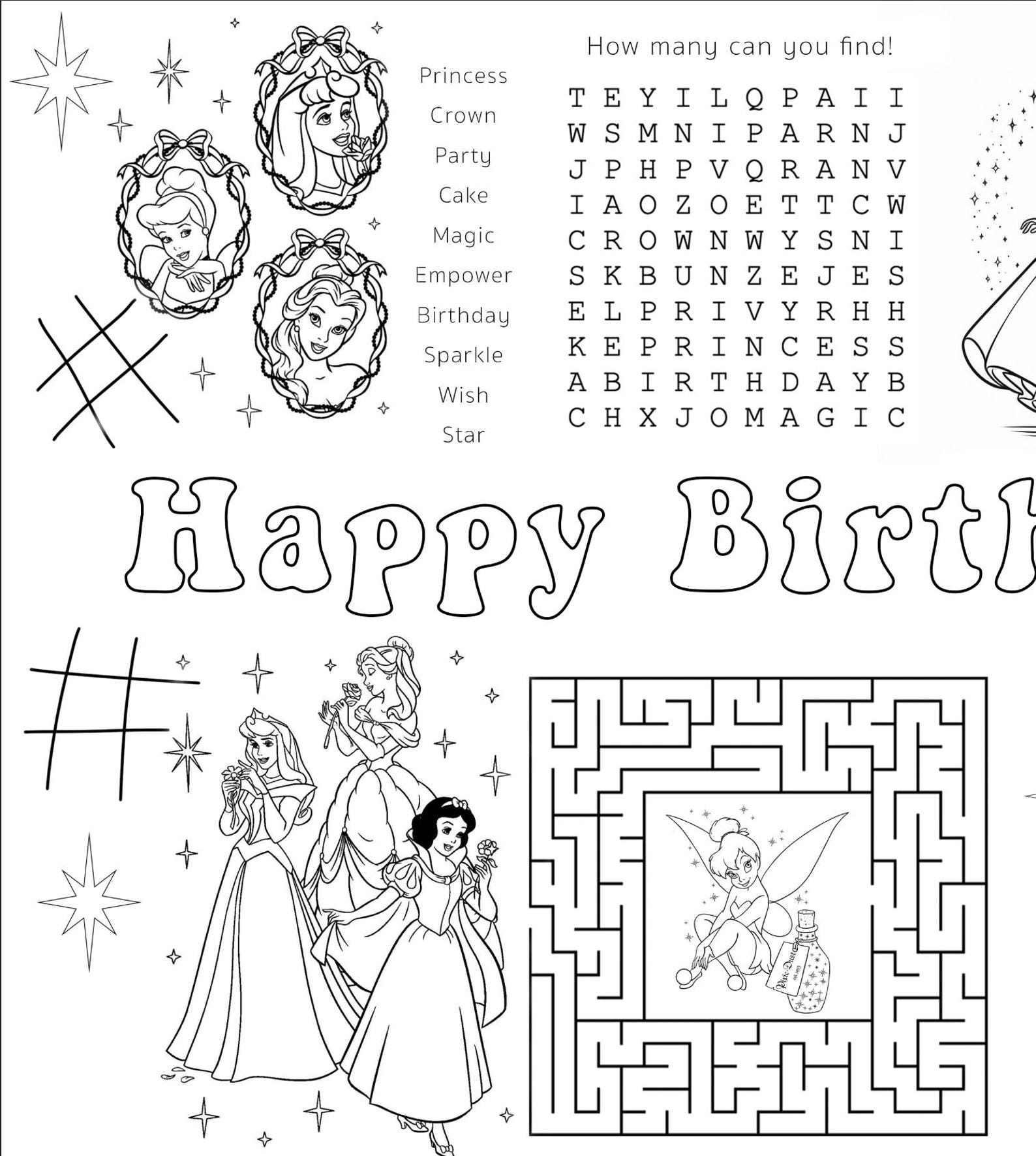 Princess Birthday Coloring Sheet, Princess Activity Sheet, Printable ...