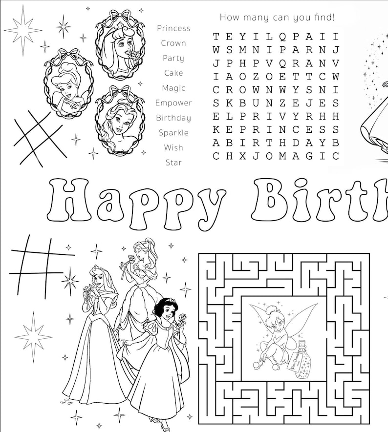 Princess Birthday Coloring Sheet, Princess Activity Sheet, Printable ...