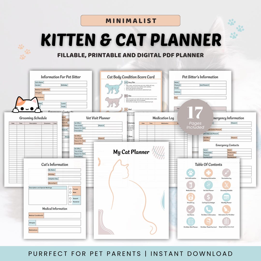 Kitten & Cat Planner Printable Bundle – Pet Health Record – Pet Sitter ...