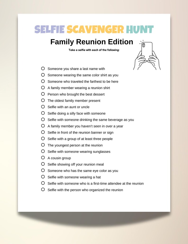 Family Reunion Selfie Scavenger Hunt Game, Family Reunion Printable ...