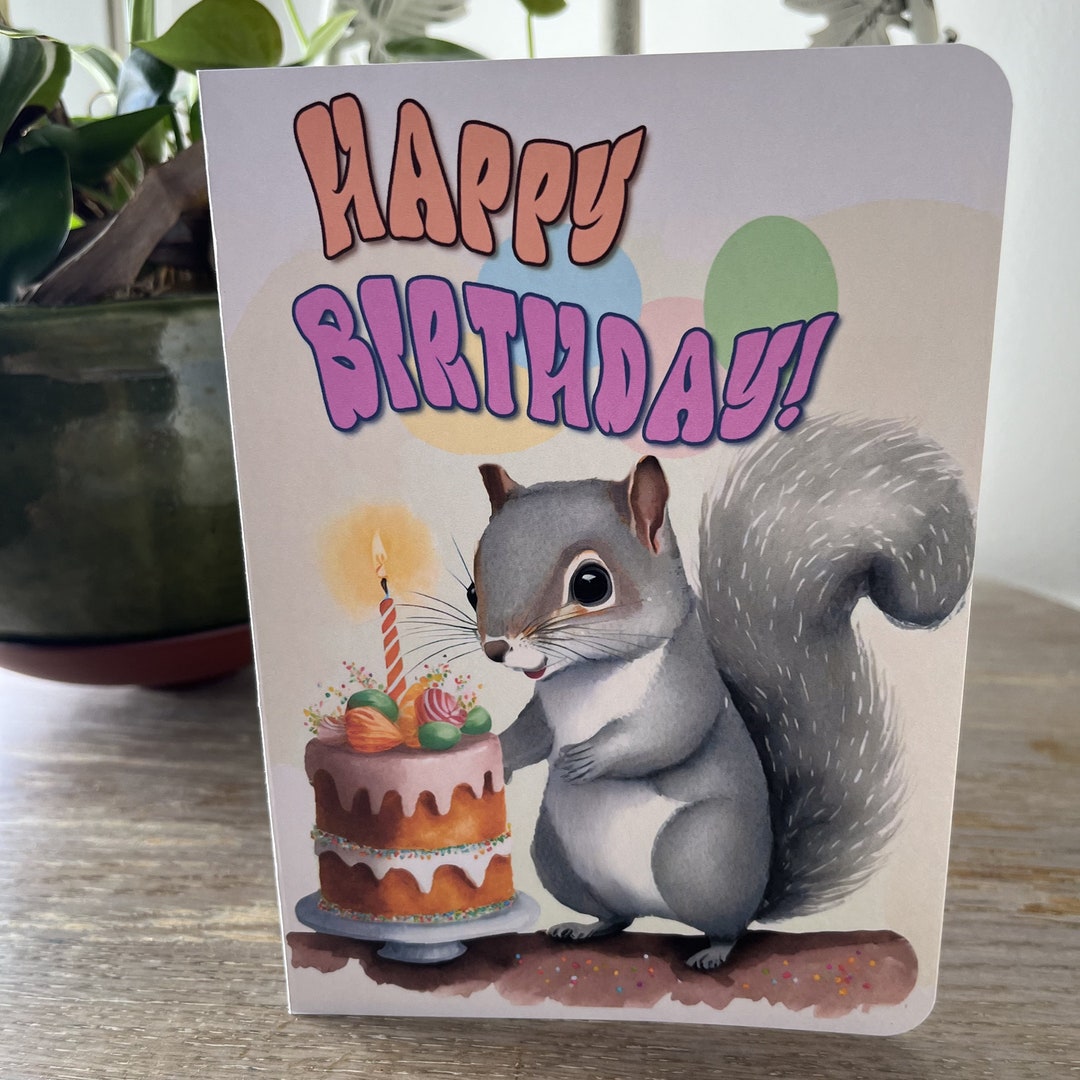 Retro Happy Birthday Squirrel Card Birthday Cake and Candle Adorable ...