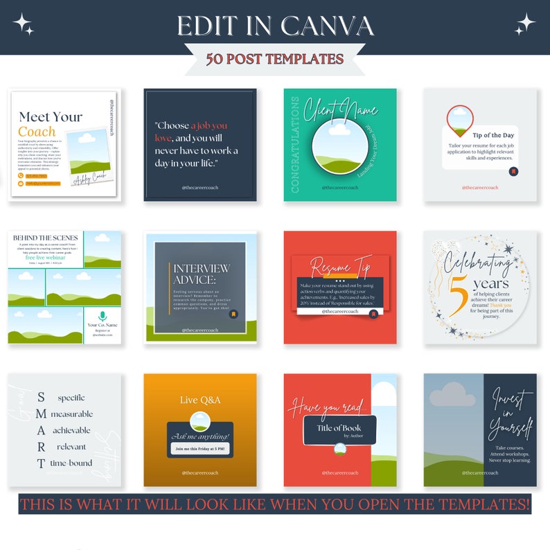 Career Coach Instagram Post Templates: 50 Canva Designs (digital ...