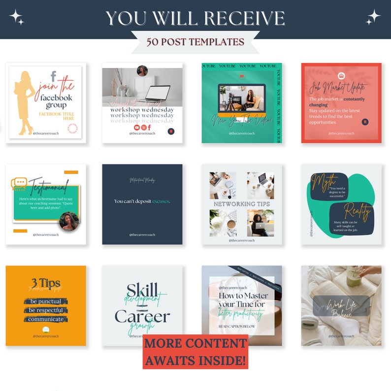 Career Coach Instagram Post Templates: 50 Canva Designs (digital ...