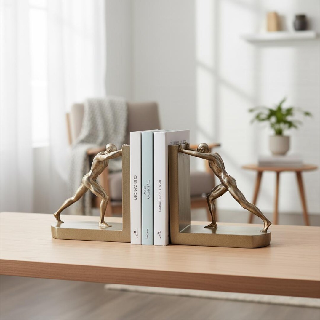 Pushing Man Bookends, Heavy Duty Resin Bookshelf Holder & Unique Art ...